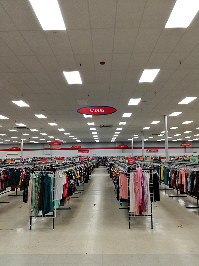 The ladies' section stretches toward the horizon like a fashion desert mirage, promising vintage gems among everyday basics.