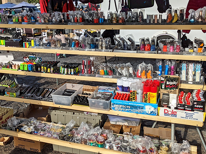 A convenience store exploded and organized itself perfectly on these shelves. From lighters to necessities, it's a one-stop shop for life's little essentials.