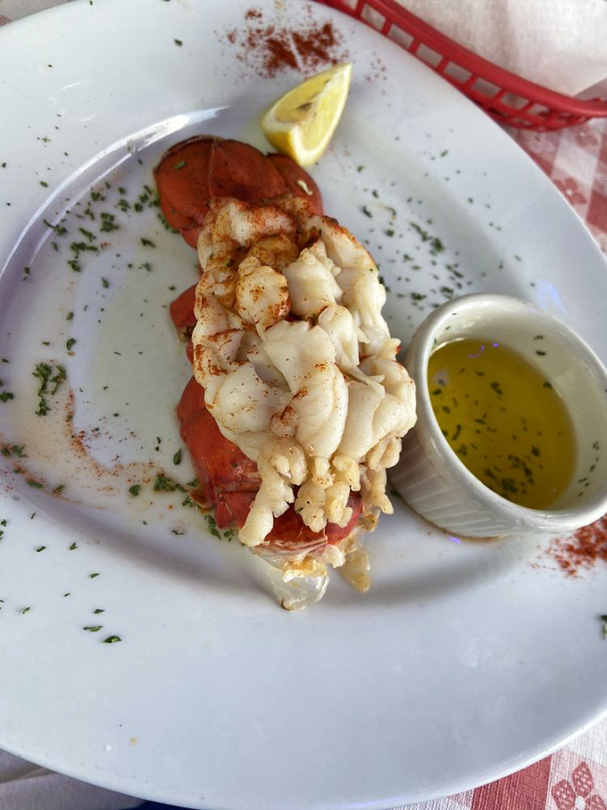 This lobster tail isn't just food&mdash;it's sculpture. Perfectly extracted meat rests atop its shell with drawn butter standing by, ready for its supporting role.