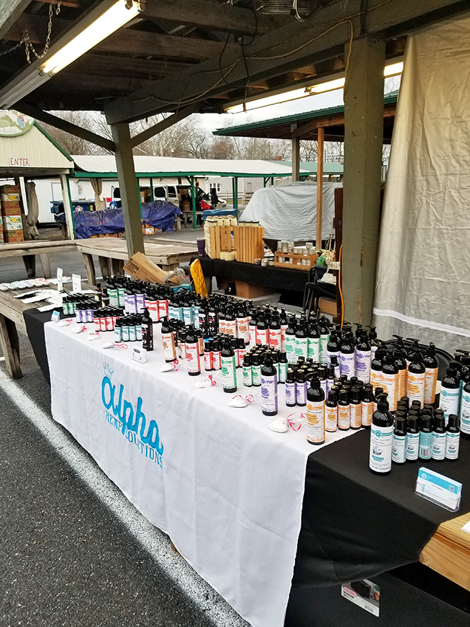 Artisanal potions and lotions line up like soldiers ready for duty. Each bottle promises natural remedies that grandmother would have sworn by.