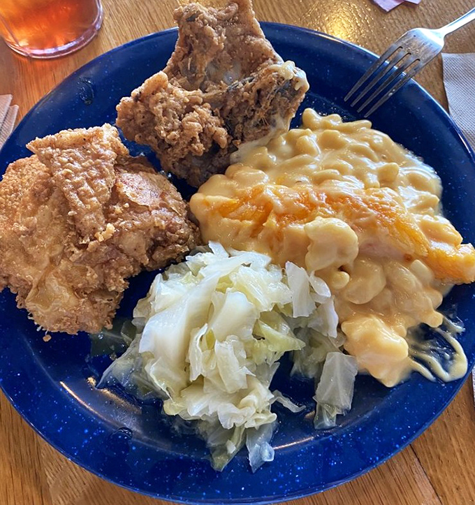 Golden-brown fried chicken that crackles with each bite, alongside mac and cheese that's achieved that perfect molten-to-crispy ratio. Southern comfort defined.