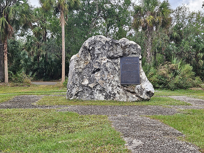 History set in stone&mdash;literally. This memorial rock stands as a silent sentinel, reminding visitors they're walking through pages of Florida's natural history book.