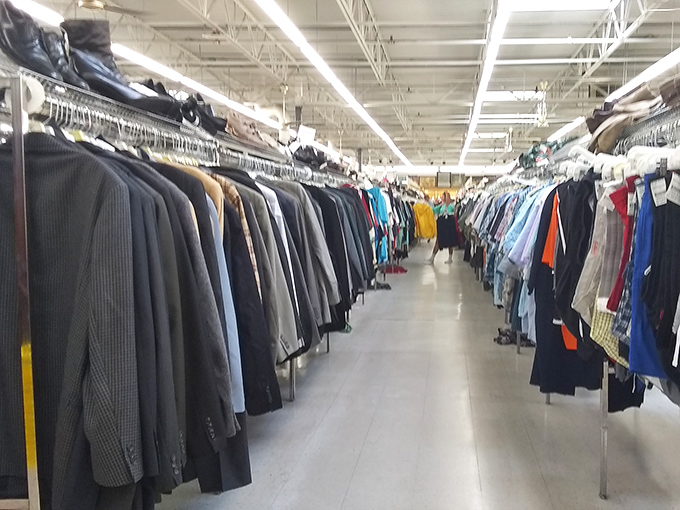 The men's section: where forgotten suits and casual wear await their second act. Like a time capsule of fashion history hanging patiently in wait.