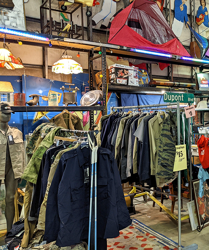 Military jackets hang like silent storytellers, each with decades of history woven into their fabric and patches.