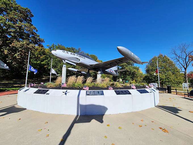 This preserved military jet stands as both art installation and history lesson, soaring symbolically even while firmly anchored to the earth.
