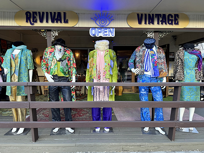The mannequin brigade showcases a psychedelic symphony of colors and patterns that would make Austin Powers stop and take notes.