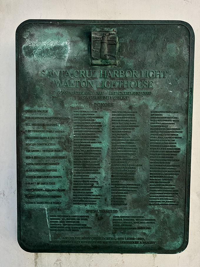 History cast in bronze&mdash;the dedication plaque tells the lighthouse's story while the patina speaks of salty air and countless sunsets. Some reading material that won't ask for your Wi-Fi password.