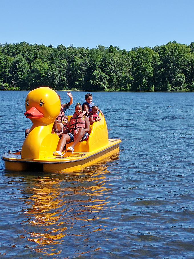 Nothing says "summer vacation memories" quite like paddling across the lake in a giant rubber duck. Childhood joy knows no age limit here!