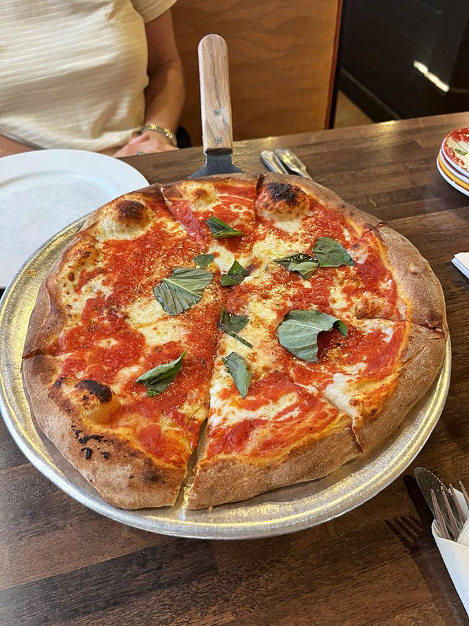 Pizza perfection isn't just a phrase here&mdash;it's this Margherita with its leopard-spotted crust, molten cheese, and basil leaves performing their aromatic magic.