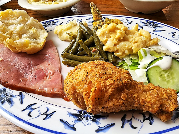 Southern hospitality on a plate: fried chicken, country ham, mac and cheese, and green beans that didn't come from a can.