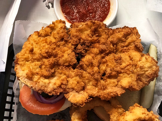 Behold the Indiana state sandwich in its natural habitat! This breaded pork tenderloin refuses to acknowledge the boundaries of its bun&mdash;a delicious act of rebellion.
