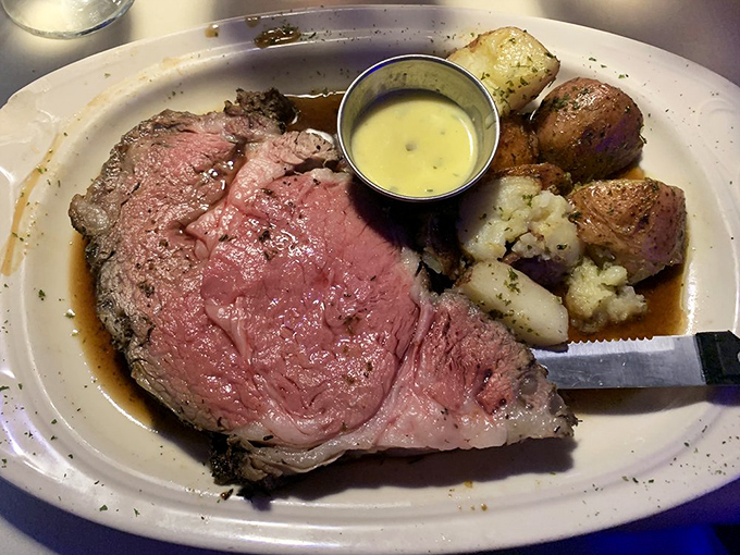 Prime rib so perfectly pink it should have its own Instagram account. That horseradish sauce? The sidekick every superhero meat deserves.