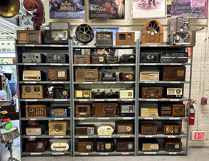 Radio heaven! Decades of American broadcasting history line these shelves. Each wooden box once brought news, music, and "The Shadow Knows" into someone's living room.