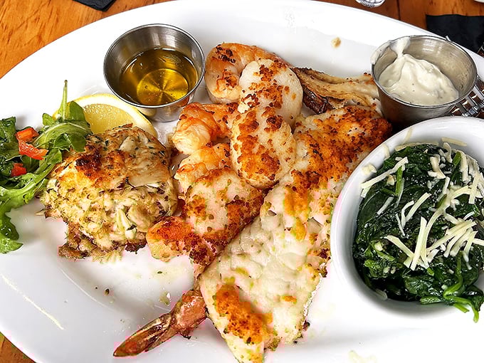 Seafood this perfectly cooked doesn't need a passport to prove its coastal credentials. The spinach side isn't playing backup; it's in the band.