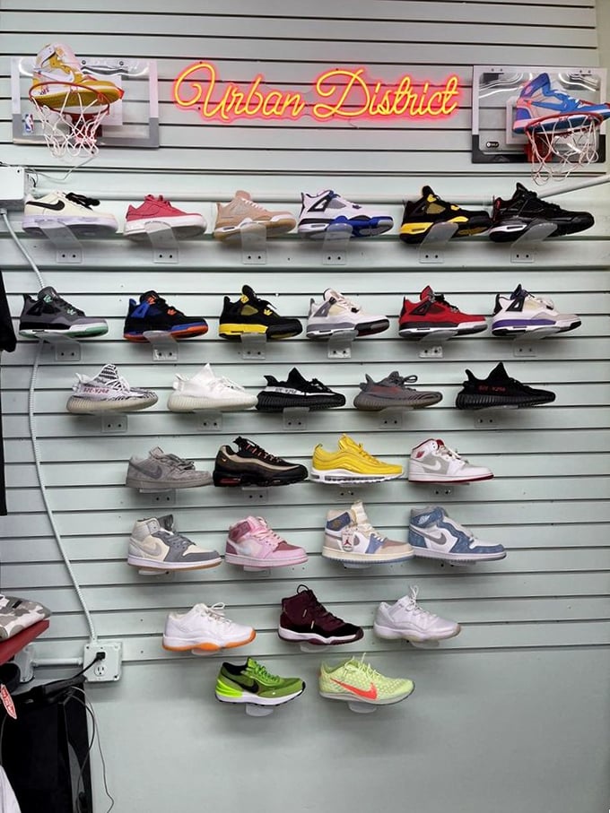 Sneakerheads, rejoice! The "Urban District" wall display showcases kicks that would make even the most jaded shoe collector's heart skip a beat.