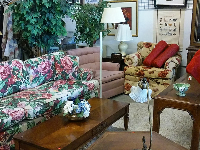 Floral sofas that would make Carol Brady jealous sit waiting for their next starring role.