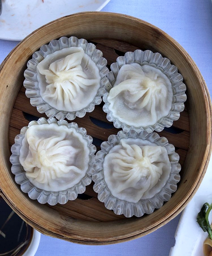 These soup dumplings aren't just food; they're architectural marvels with a PhD in flavor. The pleated perfection contains a universe of broth waiting to be discovered.