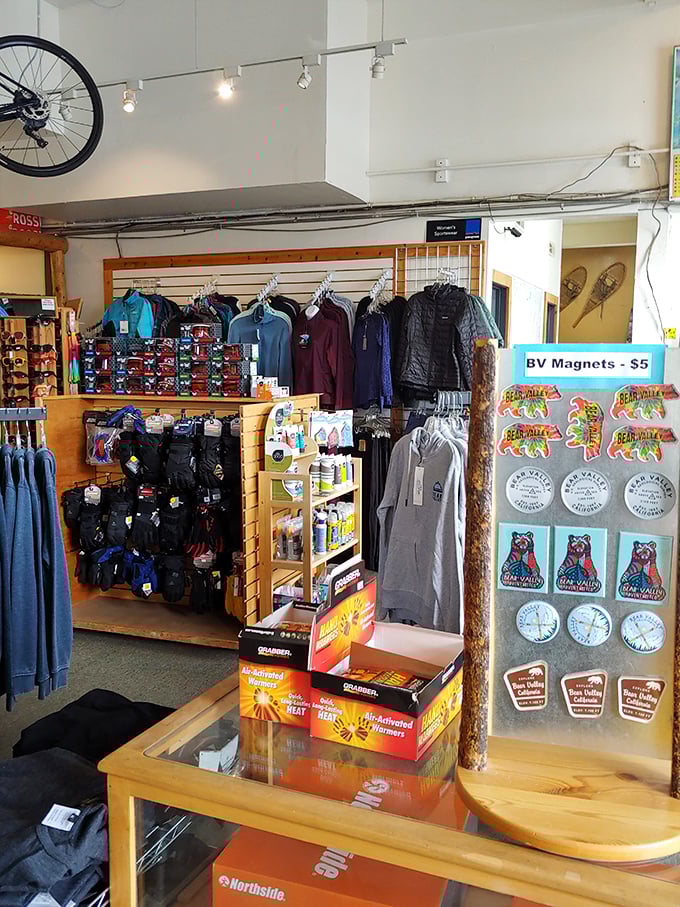 Adventure gear paradise where outdoor dreams are born. The wall of Bear Valley magnets might be the only souvenirs that won't require extra luggage space.