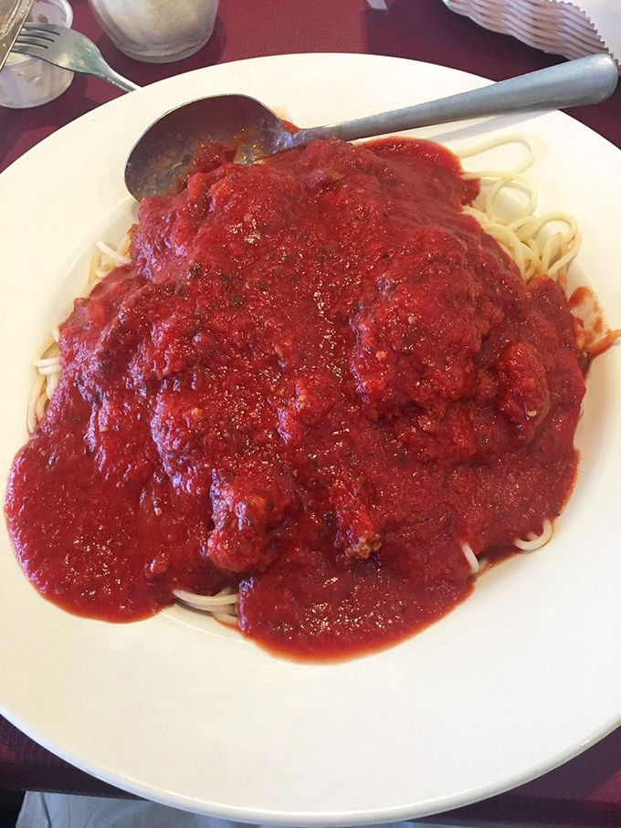 Behold the star attraction: spaghetti with marinara so generous it's practically wearing a cape. This isn't a portion; it's a commitment.