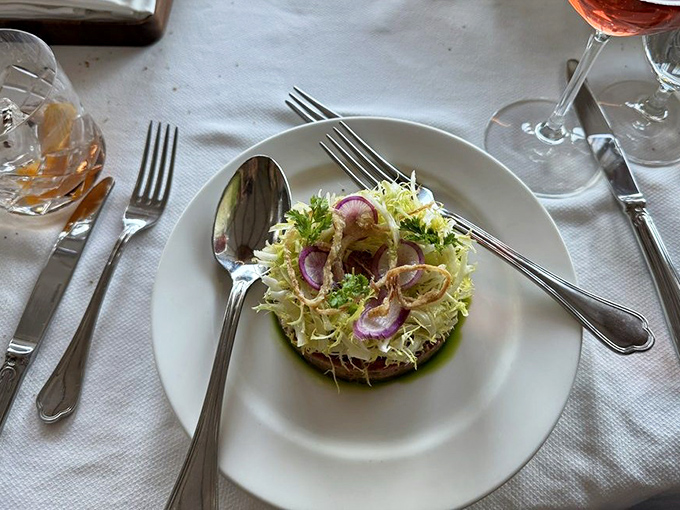 This isn't just salad—it's an architectural achievement. Delicate greens and radishes balanced so perfectly, it deserves its own exhibit at SFMOMA.