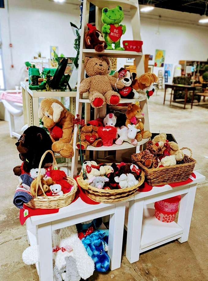 Valentine's Day never truly ends in the stuffed animal section, where pre-loved teddy bears await their second chance at cuddle stardom.