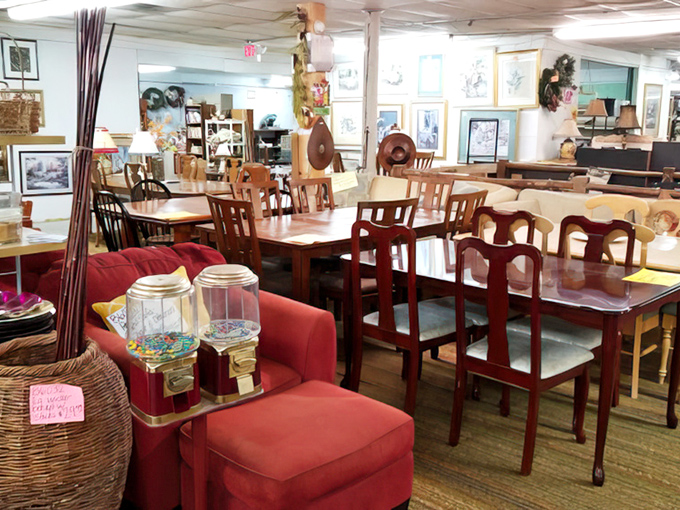 Dining sets from every era stand at attention, as if waiting for ghost families to sit down for Sunday dinner.