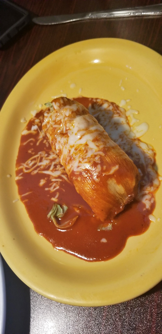 Behold the tamale in its natural habitat&mdash;swimming in a vibrant red sauce sea with melted cheese icebergs. Poetry on a yellow plate.