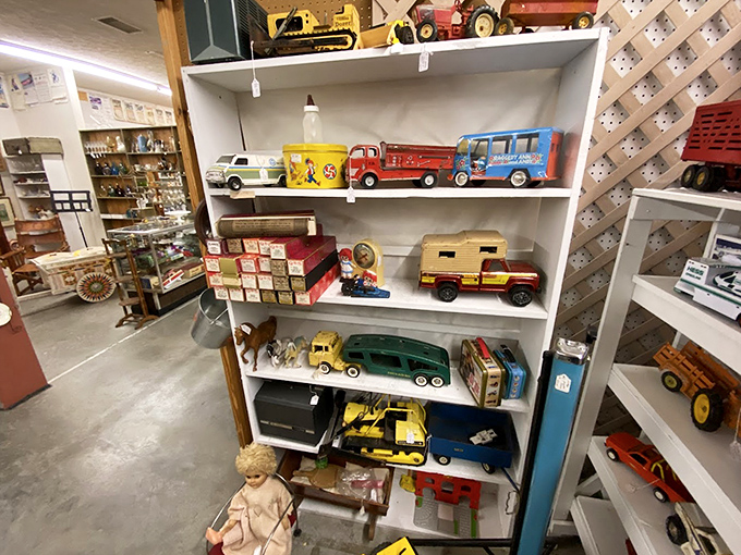 Childhood memories parked on white shelves. That red fire truck? Identical to the one your grandfather bought you that Christmas in 1962.