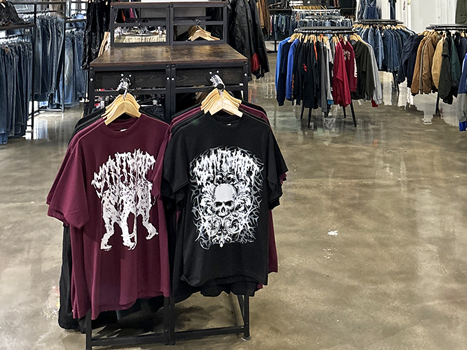 Vintage graphic tees displayed with museum-like reverence. That 90s band shirt you regret throwing out? It's probably here, waiting for its second act on someone else's concert-going adventures.