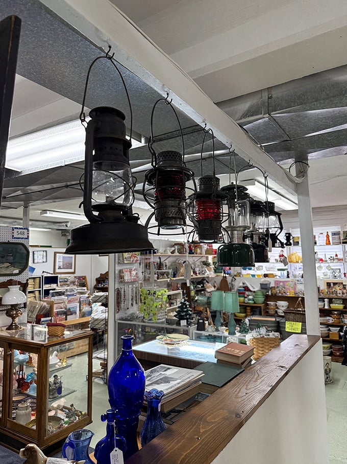 Vintage lanterns hang like time capsules from above, while cobalt blue bottles below remind us when medicine and magic seemed one and the same.