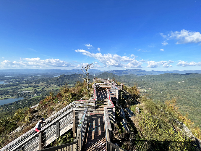 "I'm on top of the world, Ma!" The wooden observation platforms at Bell Mountain were clearly designed by someone who understood the importance of a good dramatic reveal.