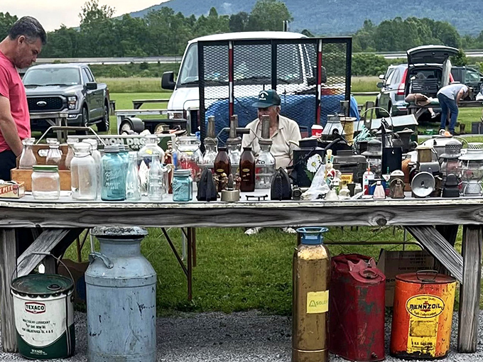Vintage bottles and antique gas cans stand at attention like soldiers from another era, their patina telling stories of Pennsylvania's industrial past.