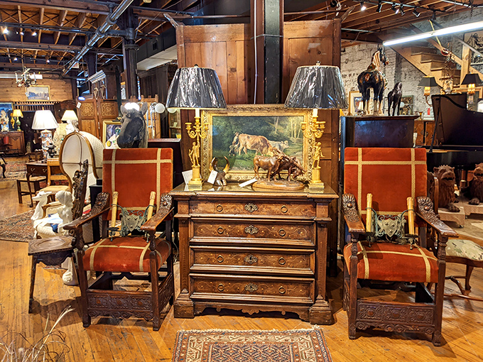 These aren't just chairs—they're time machines upholstered in history, flanking a dresser that's witnessed more family secrets than a holiday dinner table.