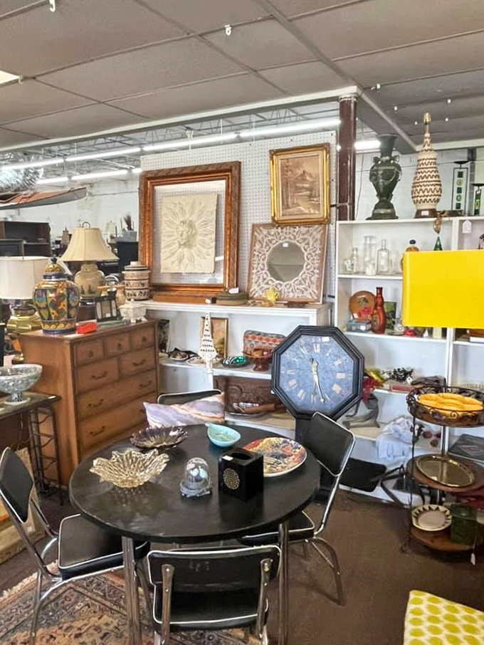 Mid-century modern meets Victorian elegance in displays that make you wonder if different centuries are having a design conference.