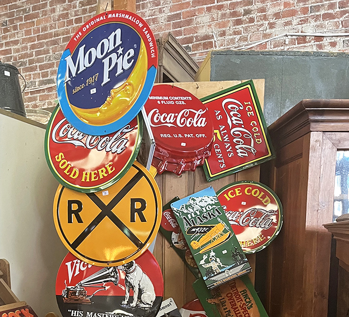 Vintage advertising signs that once hawked Moon Pies and Coca-Cola now serve as colorful time capsules of American consumer culture.