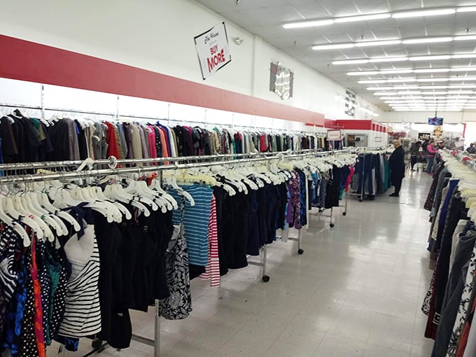 Racks upon racks of women's tops organized with military precision. The thrill of the hunt is finding that designer label hiding among the everyday brands.