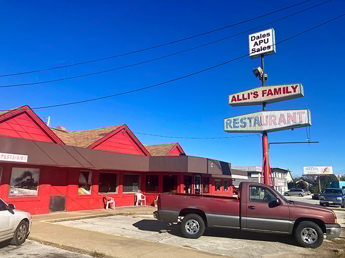 Alli's Family Restaurant's bold red exterior stands out like a beacon for hungry travelers seeking honest-to-goodness home cooking.
