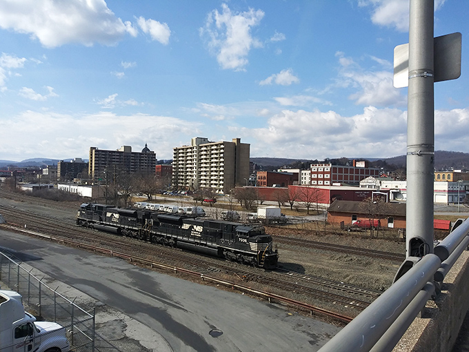 Altoona's downtown stretches beneath blue skies, where railroad heritage meets modern affordability in this central Pennsylvania gem.