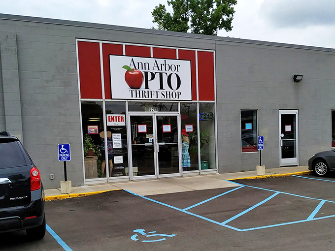Ann Arbor PTO's apple logo winks at shoppers like a friendly teacher who knows all the best classroom secrets.