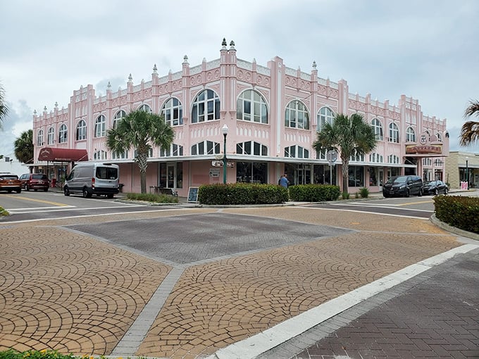 The pink-hued historic building in Arcadia stands tall, much like your savings account will in this budget-friendly town.