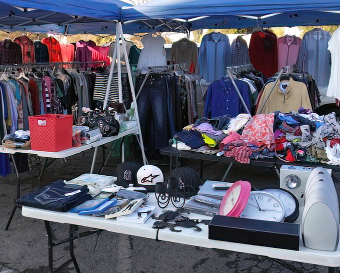 Rack 'em up! This clothing vendor at the Big Fresno Flea Market has enough options to dress you for the next decade.
