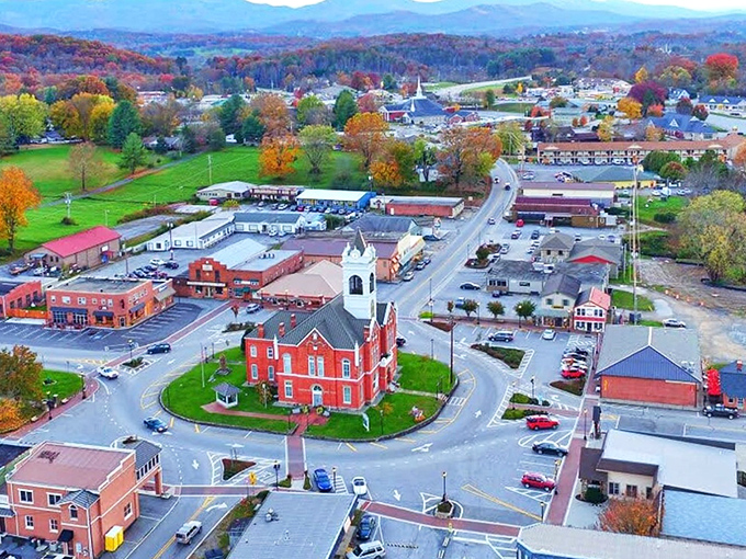 Aerial view of Blairsville showcases its perfect nestling among the Blue Ridge Mountains. Nature's perfect hug for a small town.