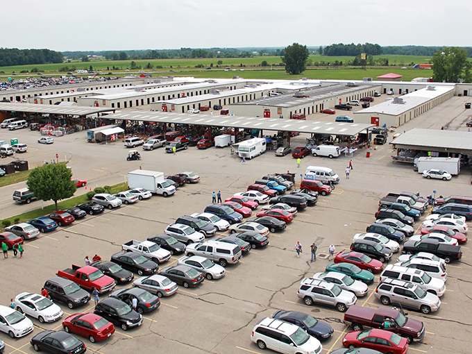 Caesar Creek's outdoor market buzzes with activity! Vendors and shoppers create that unmistakable flea market energy on a perfect Ohio day.