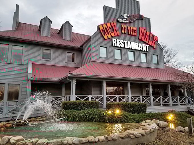 Cock of the Walk stands proud with its fountain greeting guests like a Southern host saying "Y'all come on in now!"