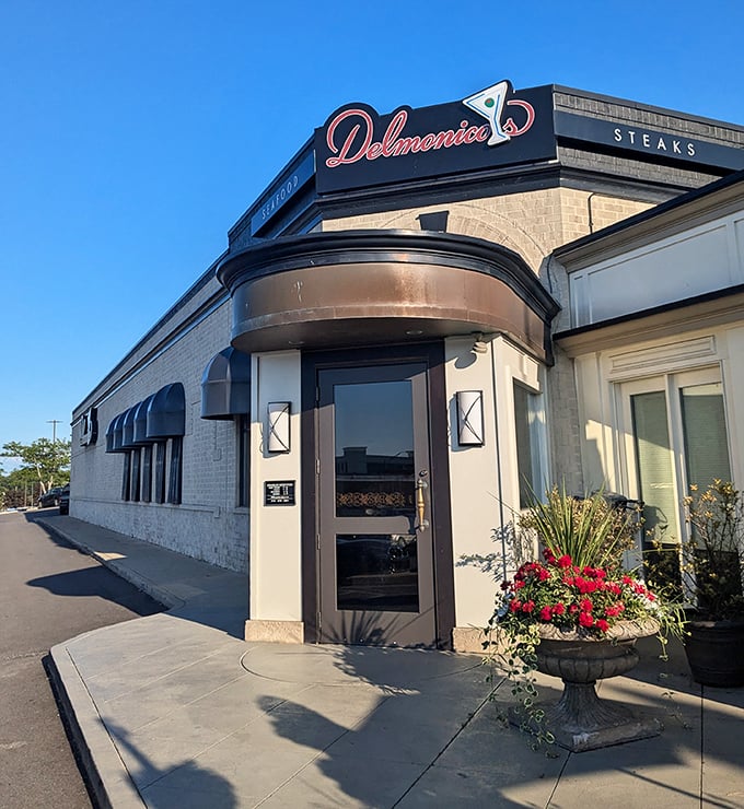 Delmonico's curved entrance is like a portal to steak heaven &ndash; complete with perfect lighting and landscaping.