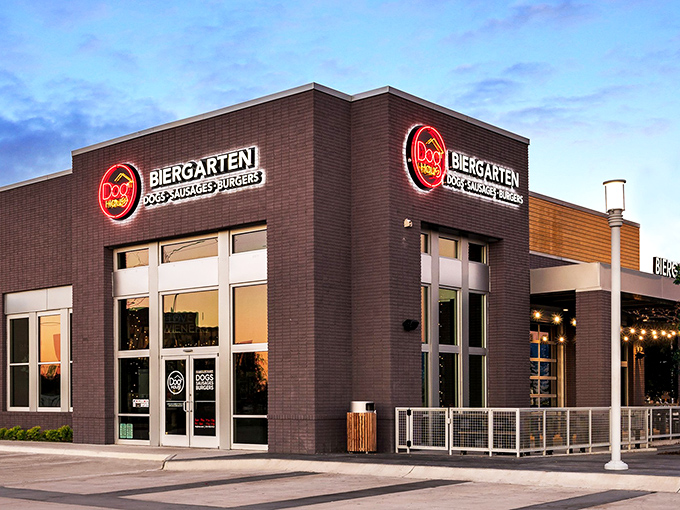 Dog Haus Biergarten's modern brick exterior hints at the perfect marriage of German tradition and American hot dog innovation inside.