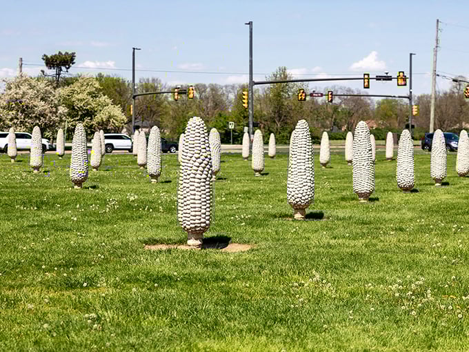 Children of the corn, Ohio style! These concrete cobs stand at attention like soldiers in America's heartland.