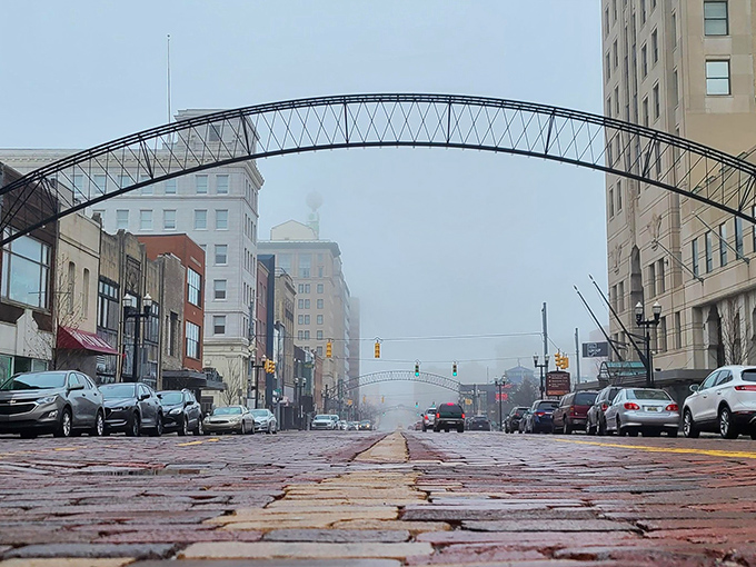 Flint's iconic arched gateway frames the city's historic downtown, where affordable living meets state capital charm.