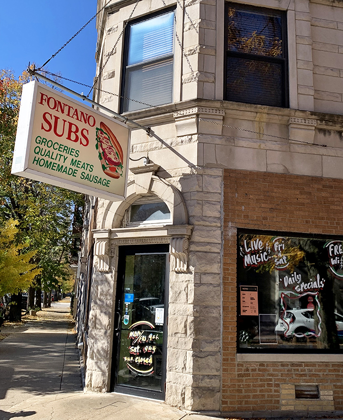 Fontano's Subs: Corner building with character and sandwiches to match. Architectural beauty meets culinary artistry!