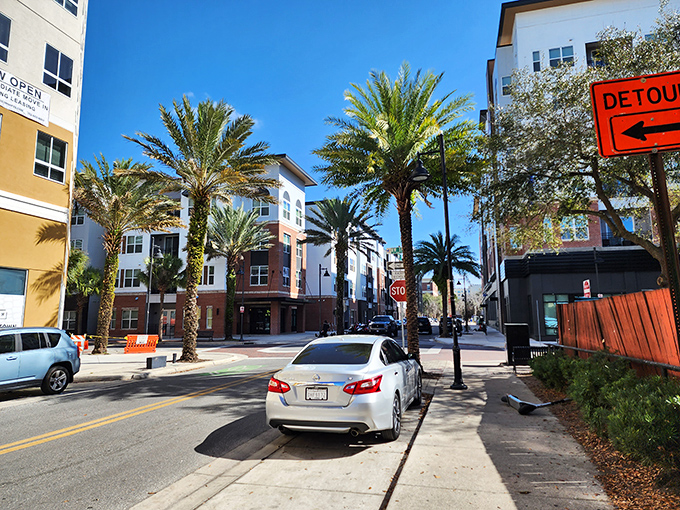 Palm trees and brick sidewalks create the perfect backdrop for afternoon strolls.